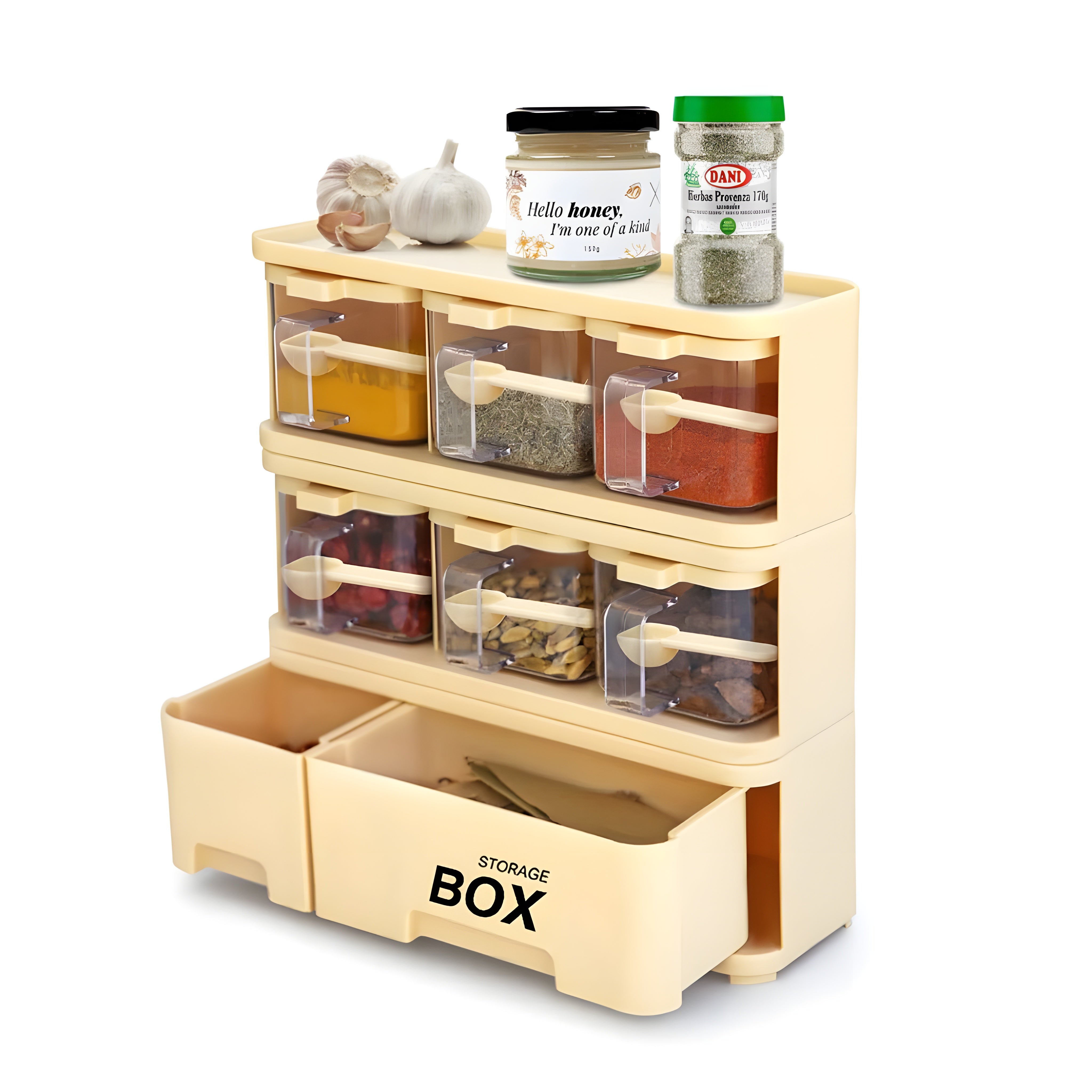 Storage Box Condiments & Spice Rack With 6 Spice Jars And Spoons ...